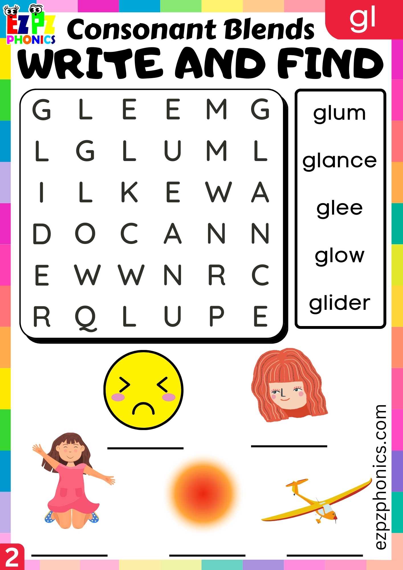 Group2 Gl Words Write And Find Phonics Consonant Blends Worksheet 